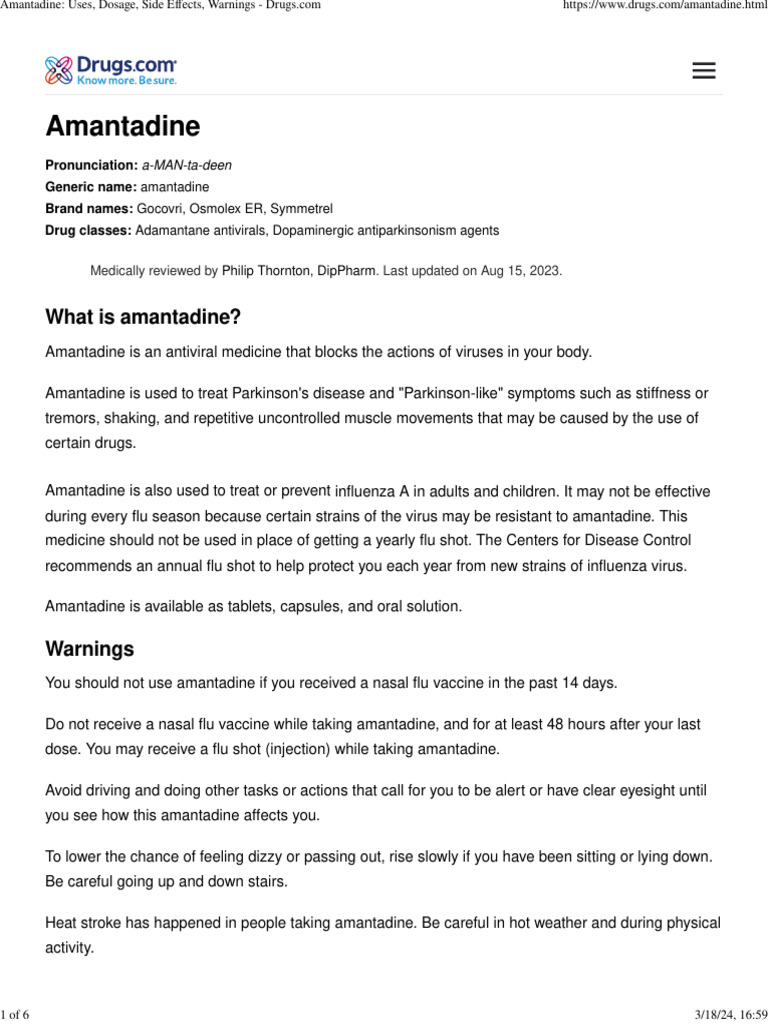 Amantadine Uses, Dosage, Side Effects, Warnings | PDF | Dose ...