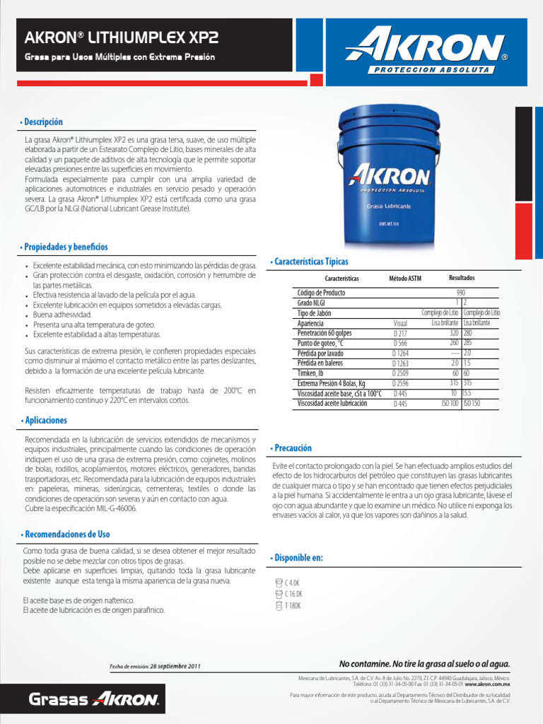 Akron Lithiumplex XP2 | PDF | Aceites | Materiales