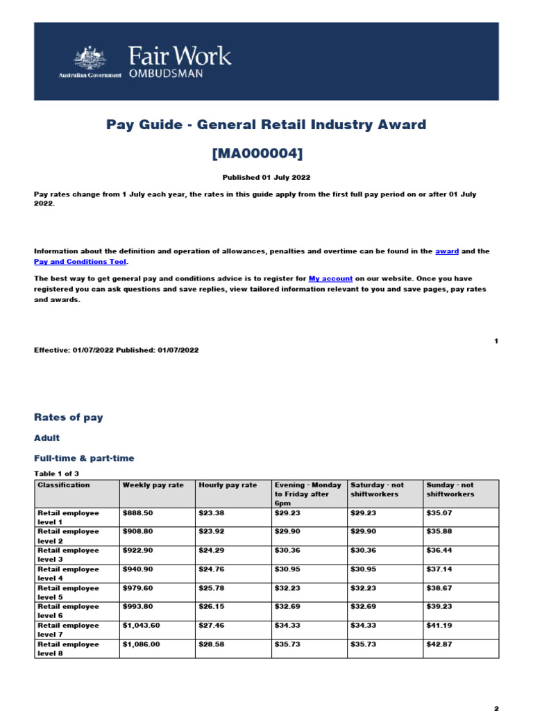 General Retail Industry Award Ma000004 Pay Guide | PDF | Overtime ...