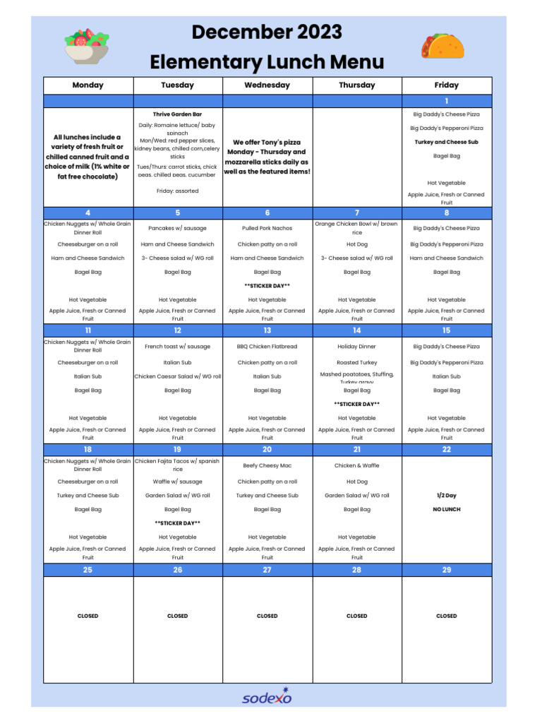 Elementary Lunch Menu - December 2023 | PDF | Lunch | Salad