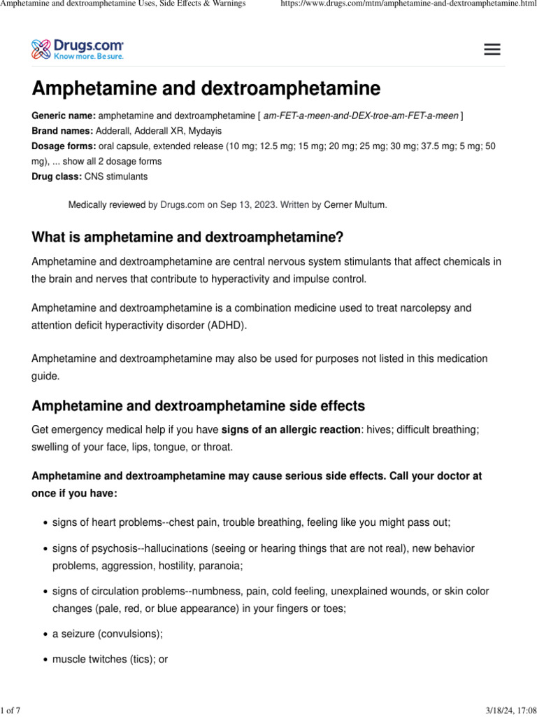Amphetamine and Dextroamphetamine Uses, Side Effects & Warnings | PDF ...