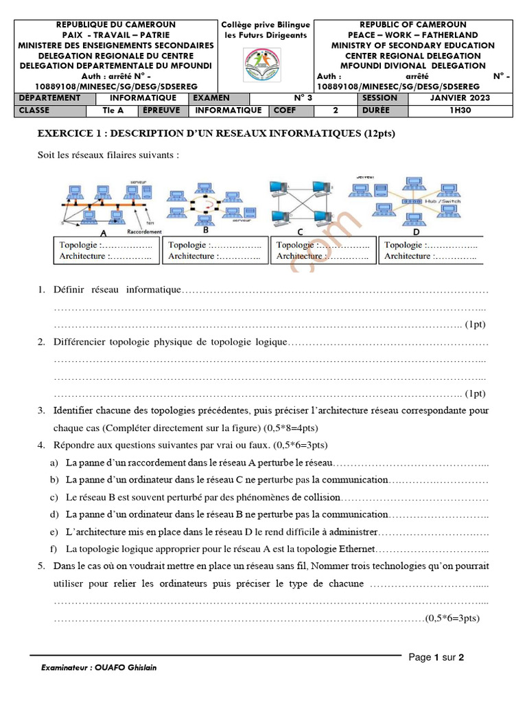 Épreuve D'informatique Séquence 3 Classe de Tle A | PDF | Topologie de ...