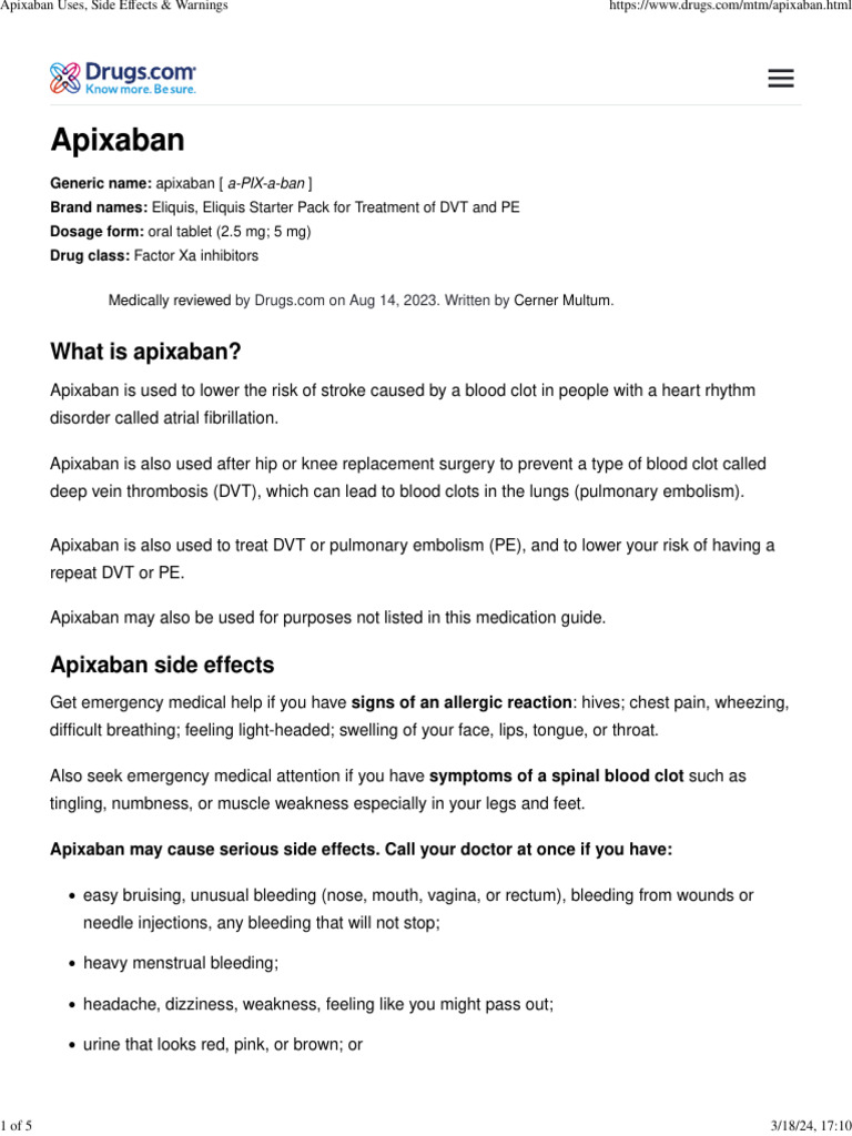 Apixaban Uses, Side Effects & Warnings | PDF | Nonsteroidal Anti ...