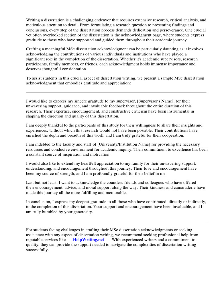 MSC Dissertation Acknowledgement Sample | PDF | Thesis | Essays