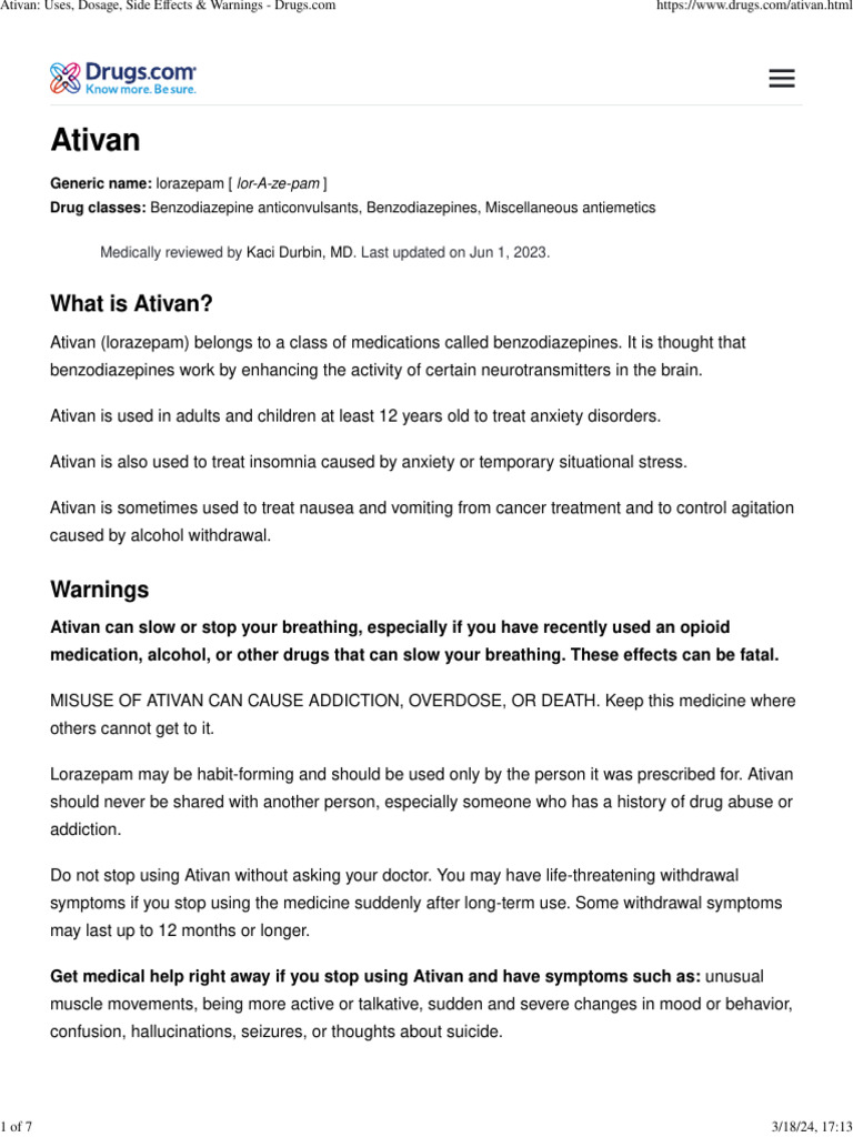 Ativan Uses, Dosage, Side Effects & Warnings | PDF | Dose (Biochemistry ...