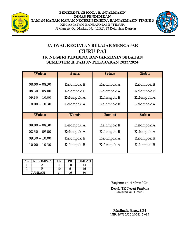 Jadwal Guru Pai Muslimah 2023-2024 | PDF
