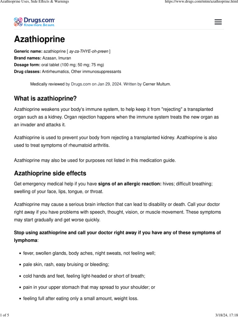 Azathioprine Uses, Side Effects & Warnings | Download Free PDF | Dose ...