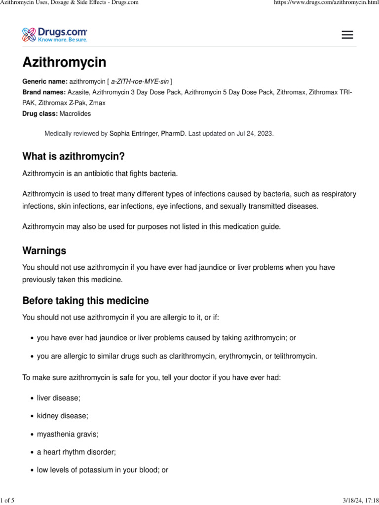 Azithromycin Uses, Dosage & Side Effects | PDF | Dose (Biochemistry ...