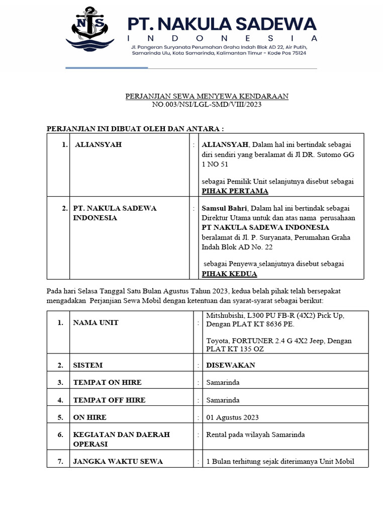 Perjanjian Sewa Menyewa Mobil | PDF