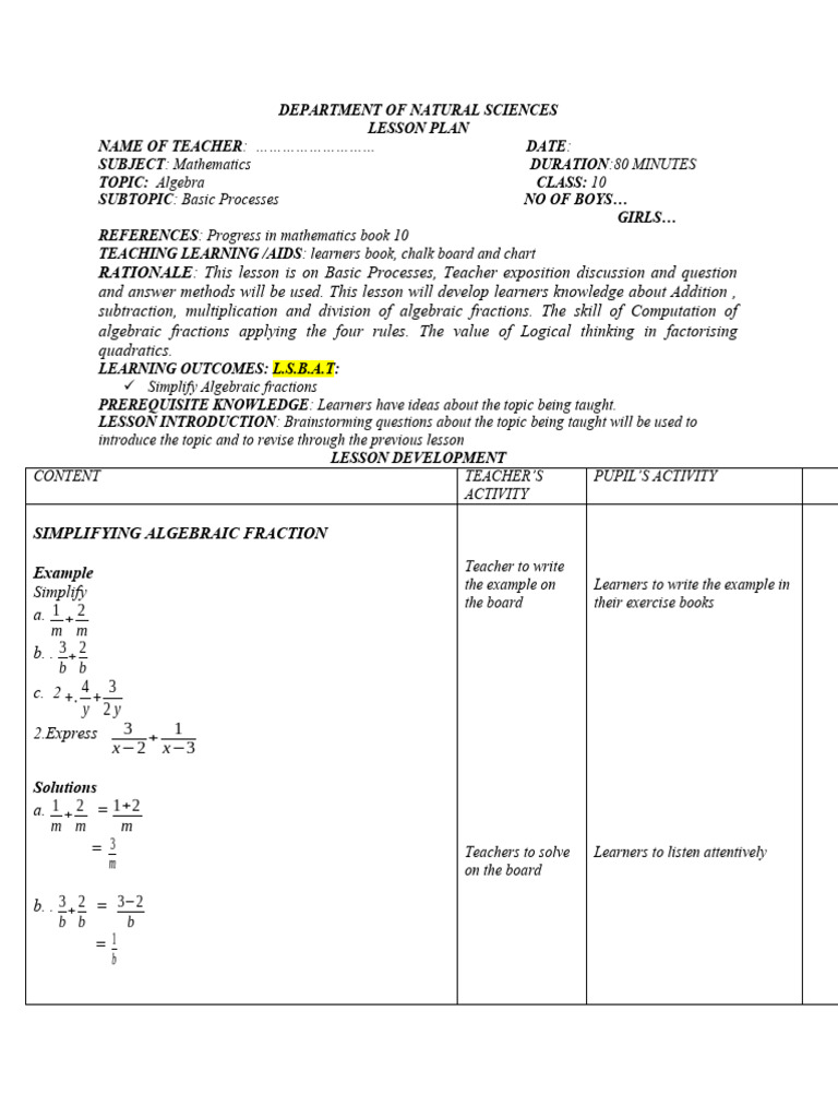 Grade 10 Mathematics Algebra - Basic Processes 10 Editable Lesson Plan ...