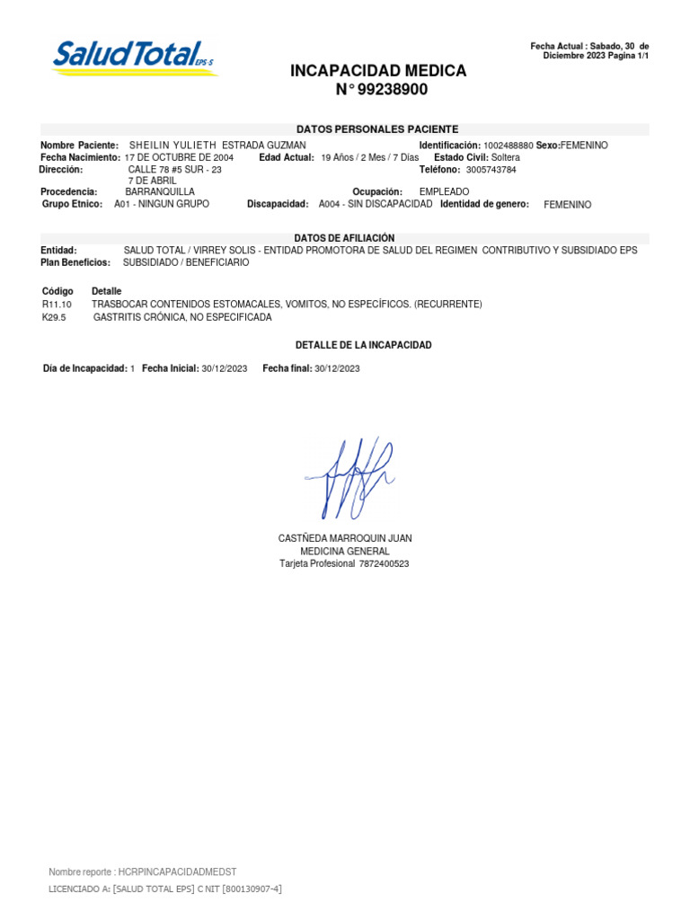 Incapacidad Médica de Sheilin Estrada | PDF