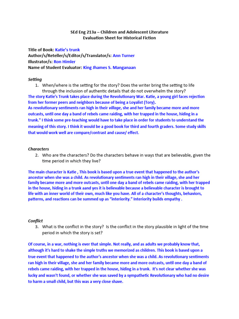 SEd-Eng-213a-Book-Evaluation-Sheet-for-Historical-Fiction 2 | PDF ...