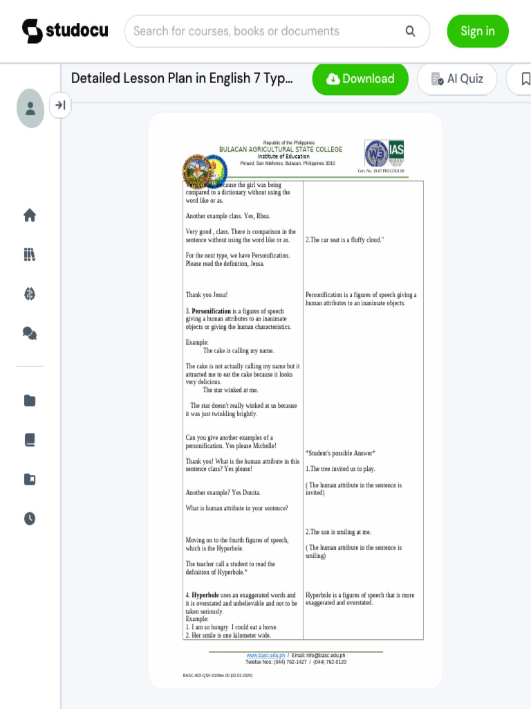 Detailed Lesson Plan in English 7 Types OF Figure OF Speech - Cert. No. 19.67. BULACAN ...