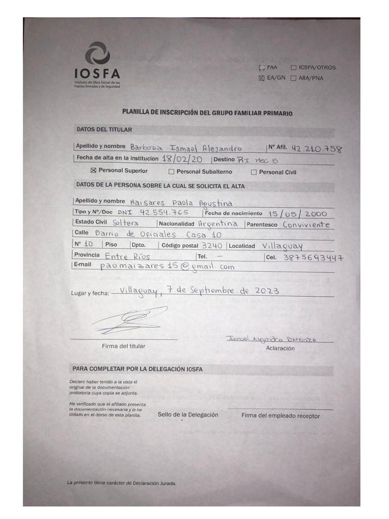 PLANILLA DE Inscripcion de IOSFA | PDF