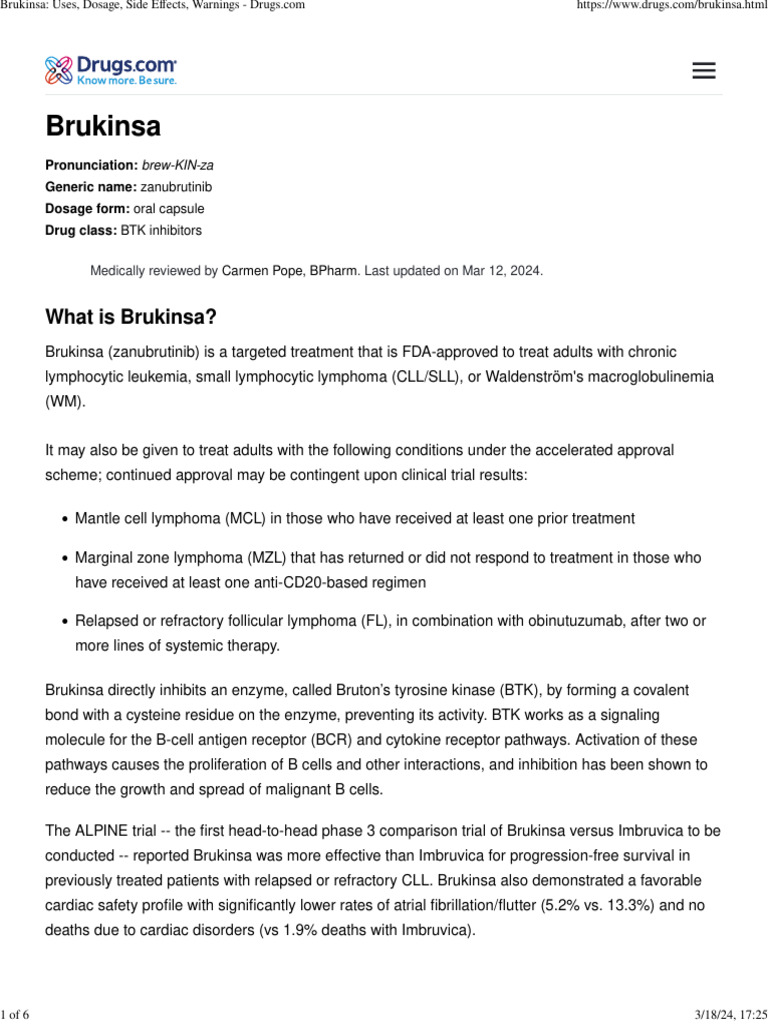 Brukinsa Uses, Dosage, Side Effects, Warnings | PDF | Diseases And ...