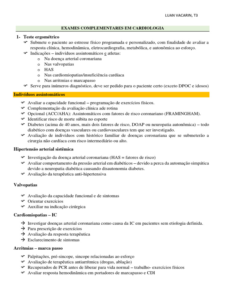 Exames Complementares em Cardiologia | PDF | Ultrassom médico | Coração
