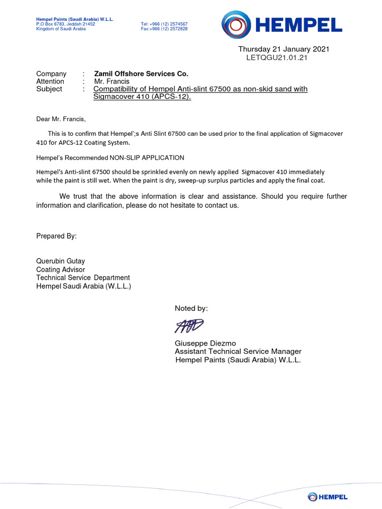 ZOSCO-Hempel Technical Letter for Zamil Offshore Services Co | PDF