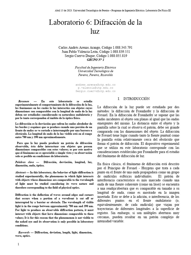 Informe Práctica 6 Lab. Física III | PDF | Difracción | Ligero