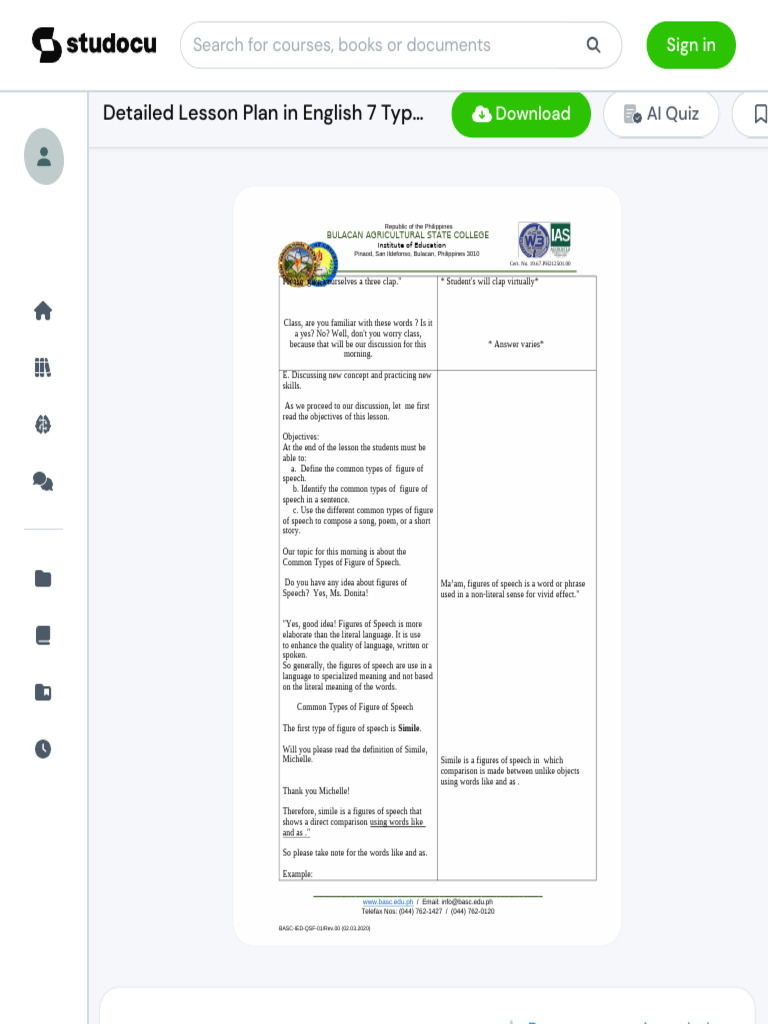 Detailed Lesson Plan in English 7 Types of Figure of Speech - Cert. No ...