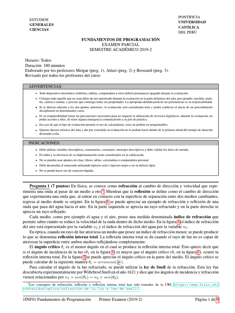 Ex1 2019.2 Sol | PDF | Refracción | Reflexión (Física)