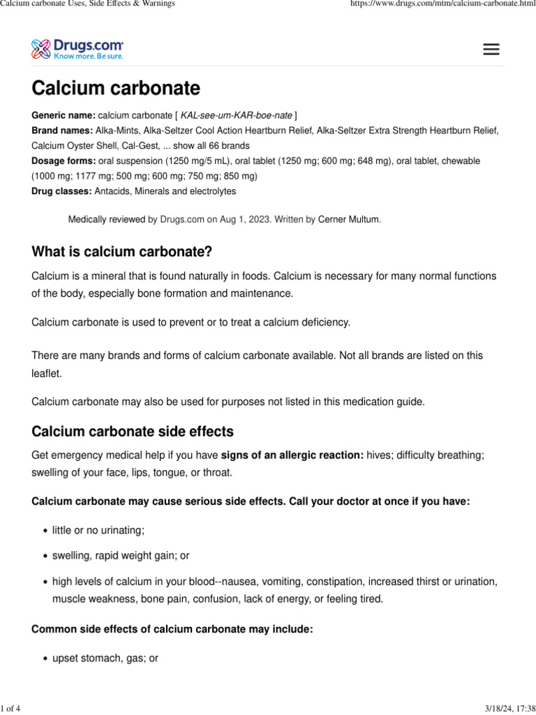 Calcium Carbonate Uses, Side Effects & Warnings | PDF | Dose ...