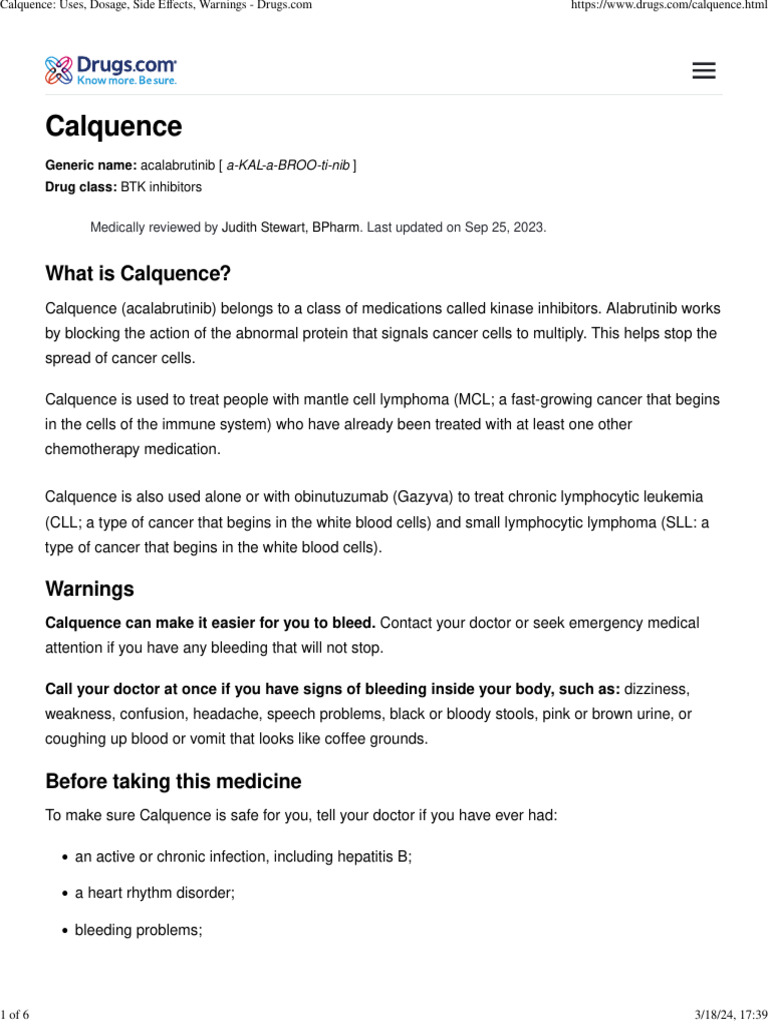 Calquence Uses, Dosage, Side Effects, Warnings | PDF | Drugs | Diseases ...