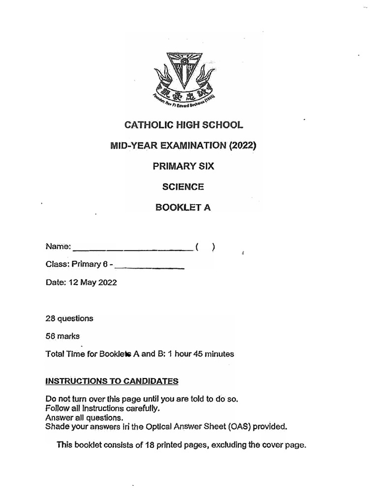 P6 Science SA1 2022 CatholicHigh Exam Papers | PDF