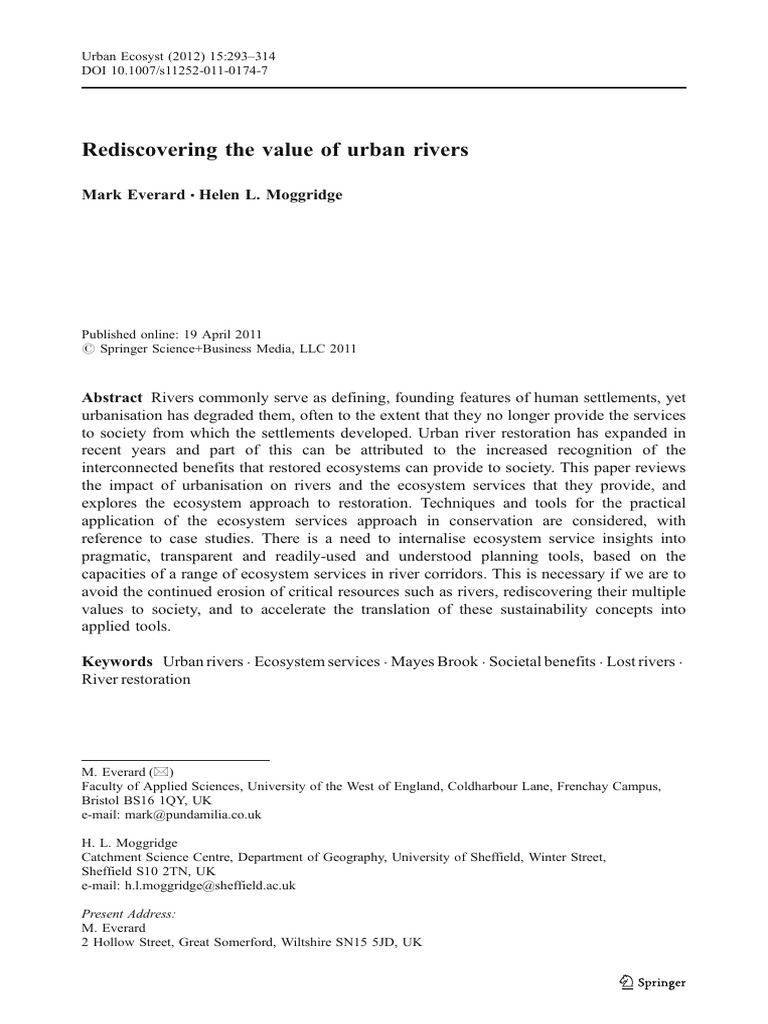Value Of Urban Rivers Pdf Climate Change Ecosystem