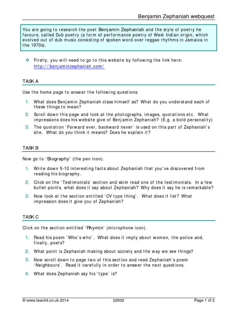 Benjamin Zephaniah- worksheet | PDF | Poetry