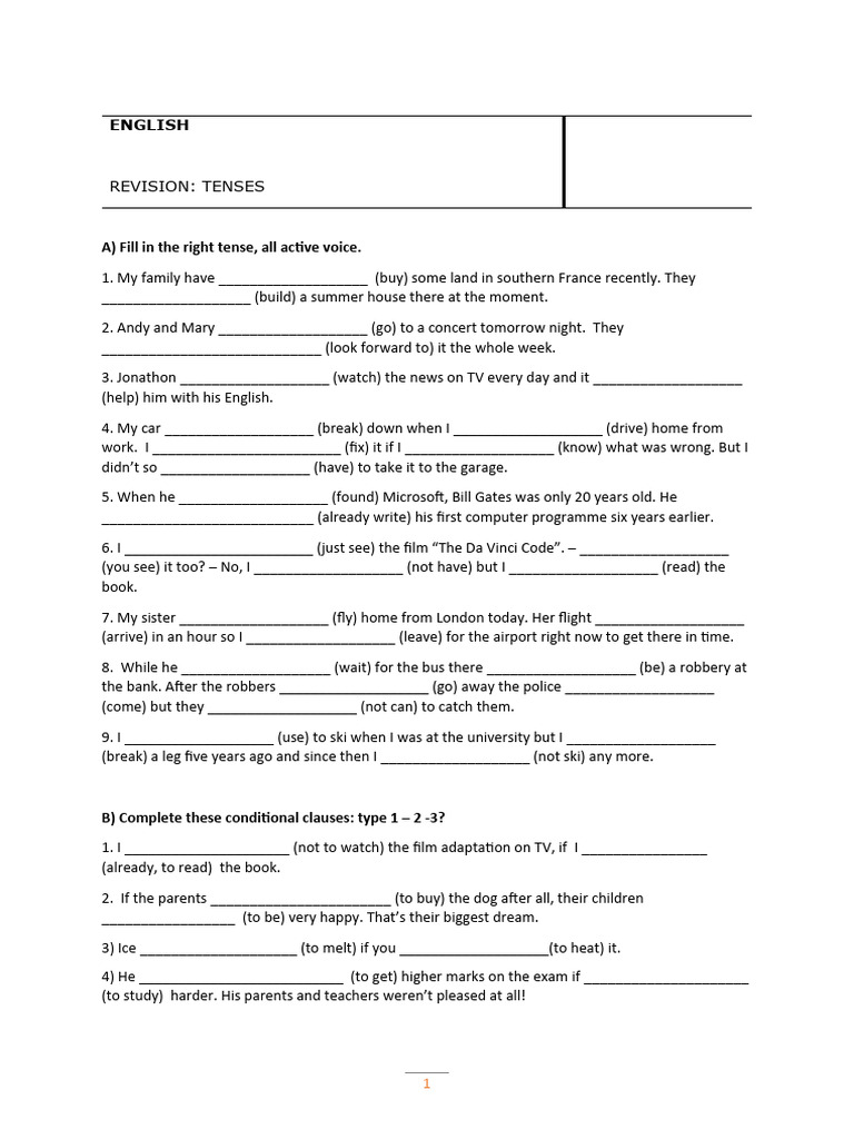 Revision Exercises Tenses Advanced Worksheet Templates Layouts - 132552 ...