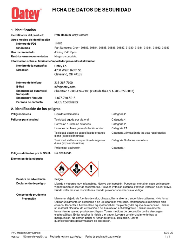 Cemento PVC Gris Medio: FDS y Seguridad | PDF | Residuos | Agua