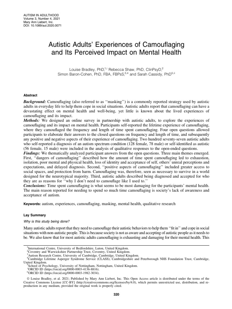 Autistic Adults' Camouflaging Impact on Mental Health | PDF | Autism ...