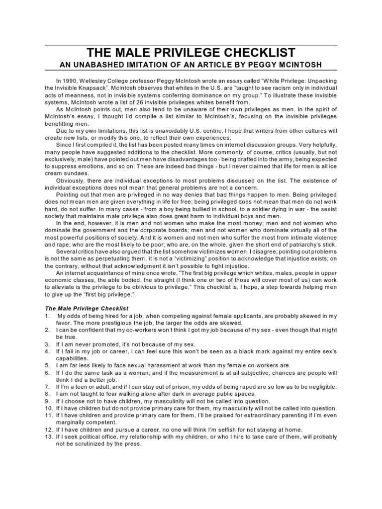 US - Male Privilege Checklist | PDF | Woman | Feminism