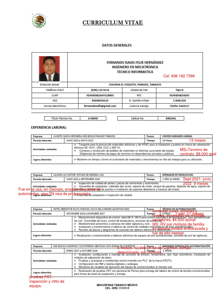 CV. Fernando Isaías Felix HNDZ Ing - Mecatronica. | PDF