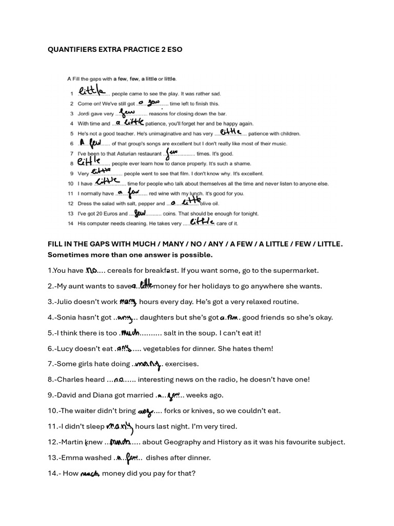 Quantifiers Extra Practice | PDF