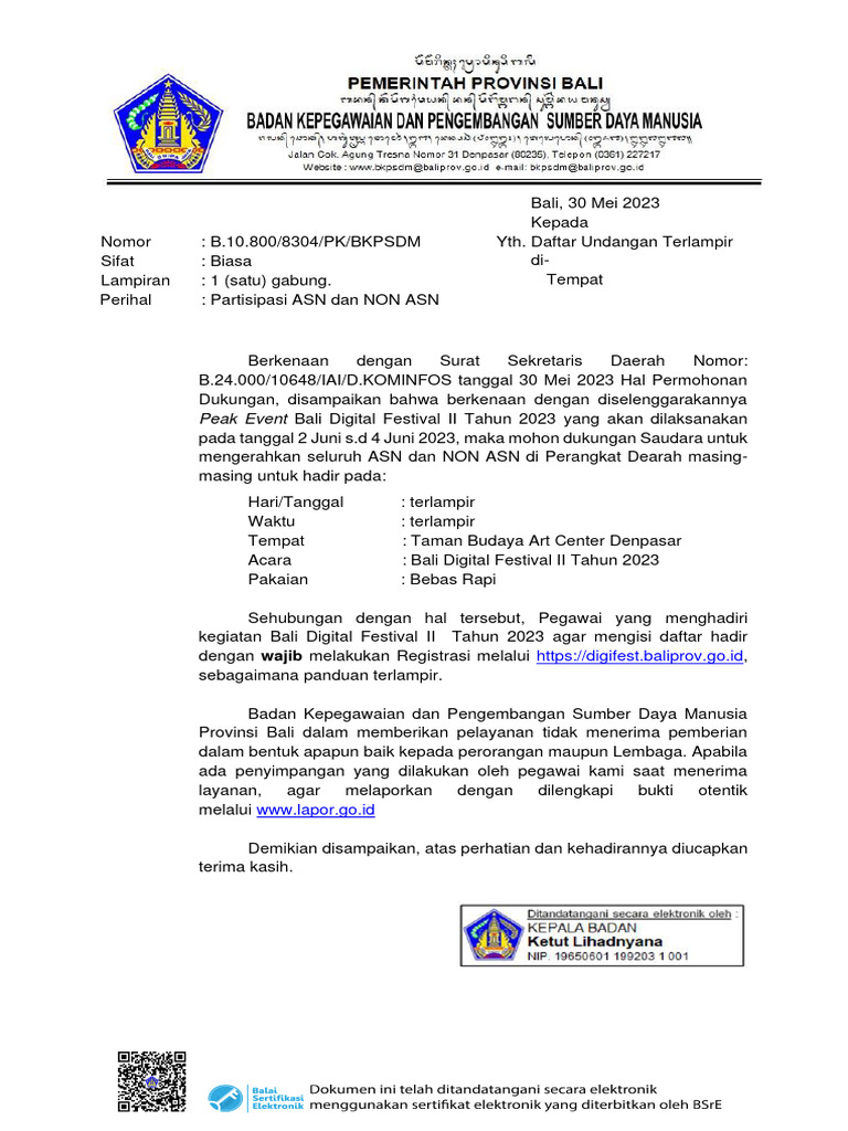 Surat Partisipasi ASN Dan NON ASN Bali Digifest 2023 | PDF