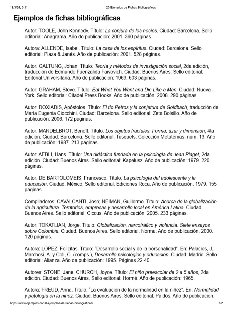 20 Ejemplos de Fichas Bibliográficas | PDF