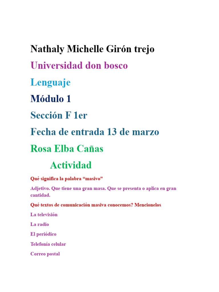Nathaly Michelle Girón Trejo: Universidad Don Bosco | PDF | Comunicación | Héctor