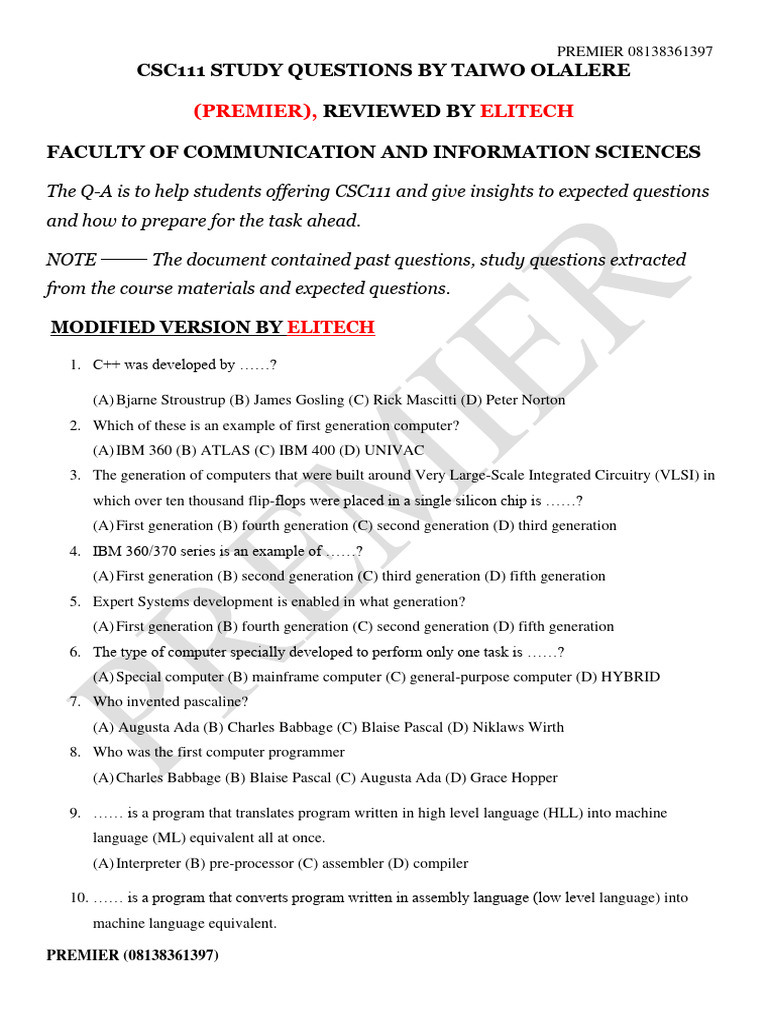 CSC111 Past Questions by Premier | PDF | Computer Data Storage ...