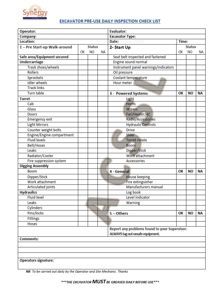 Excavator Daily Inspection Checklist | PDF | Vehicles | Manufactured Goods