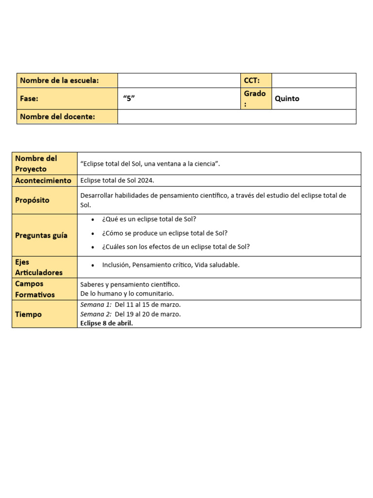 Propuesta Proyecto Eclipse Quinto Grado Primaria | Descargar gratis PDF | Evaluación | Dom