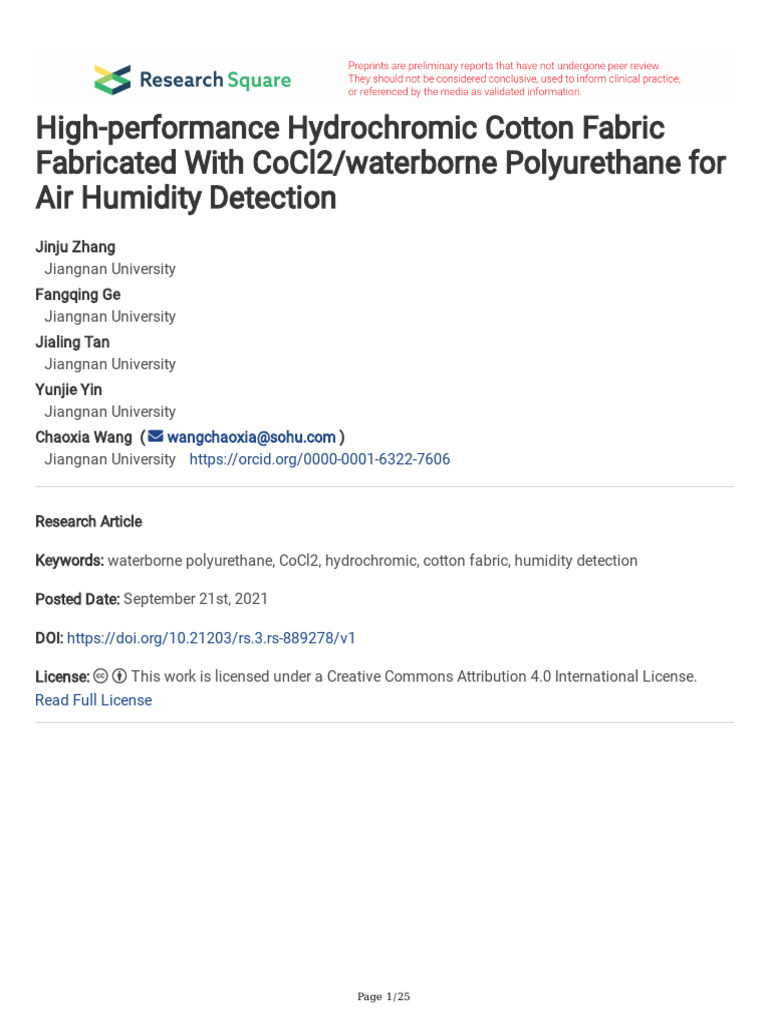 High-Performance Hydrochromic Cotton Fabric Fabricated With Cocl2 ...