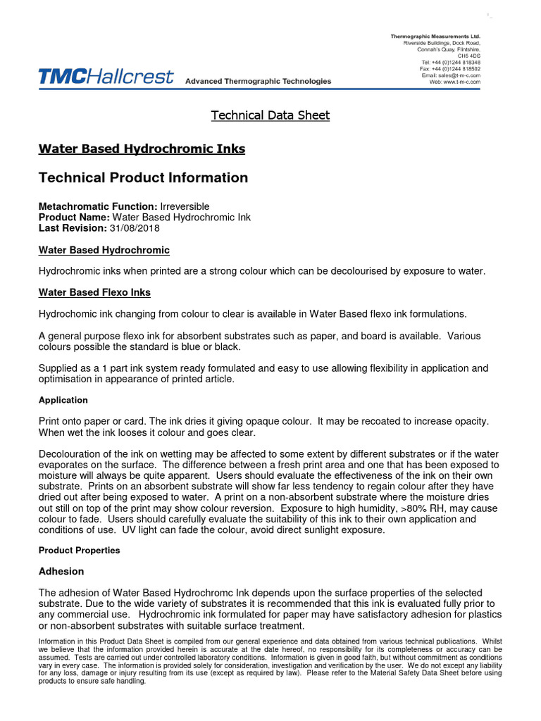 Hydrochromic Water Based Ink TDS 2018 | PDF | Ink | Water