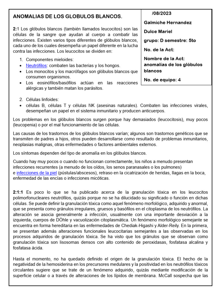 ANOMALIAS DE LOS GLOBULOS BLANCOS | PDF | Leucocito | Biología Celular