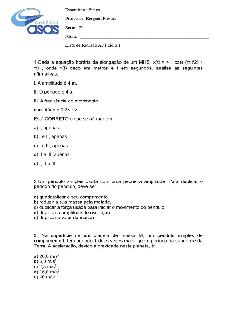 Lista de Revisao Av1 Ciclo 1 2o Ano 2024 | PDF