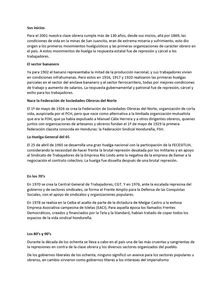 Honduras Movimiento Obrero | Descargar gratis PDF | Honduras | Sindicato