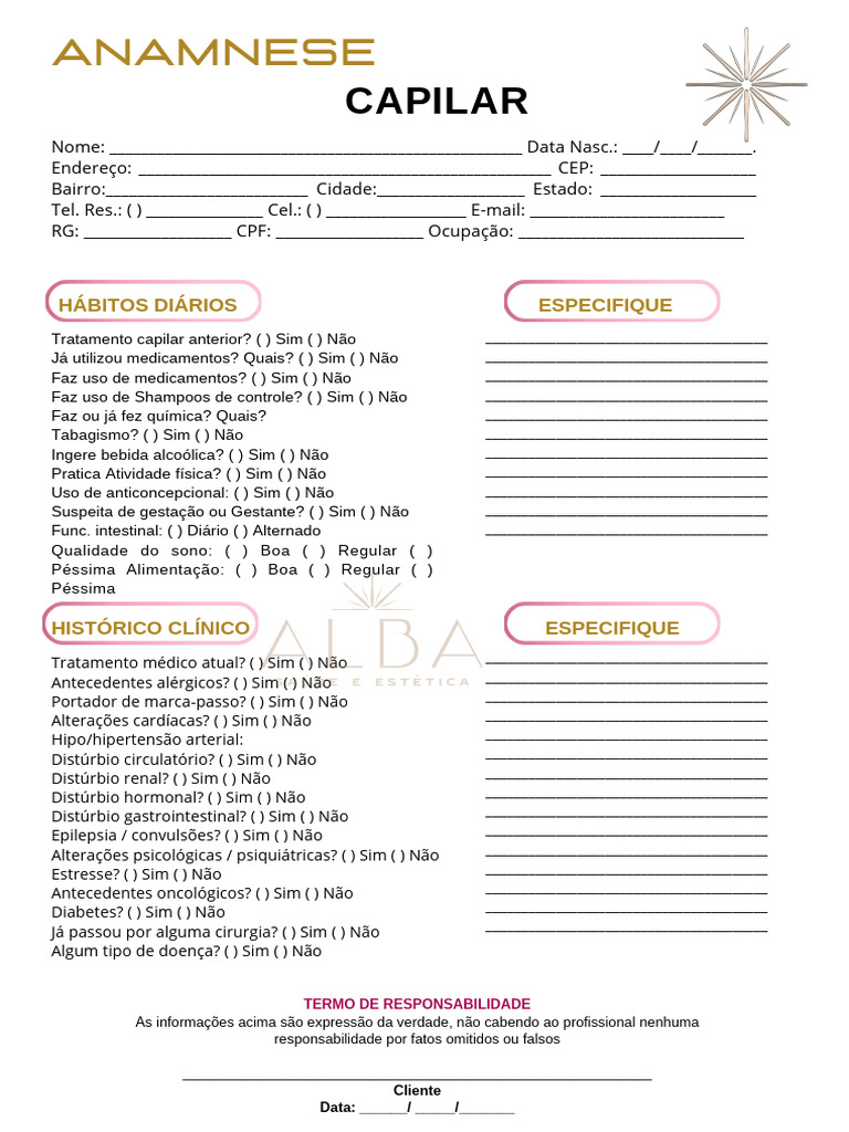 Anamese e Prontuário Capilar PDF | PDF | Perda de cabelo | Cabelo