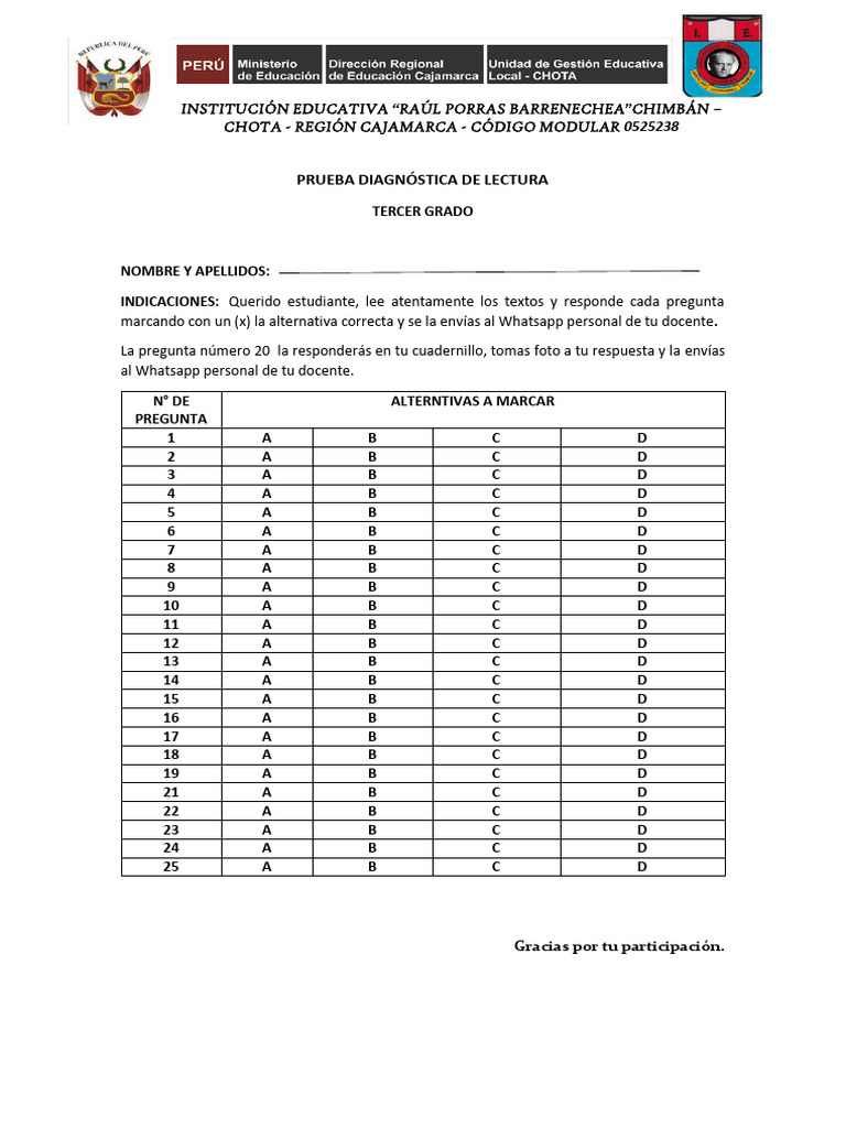 Prueba Diagnóstica Lectura 3er Grado | PDF
