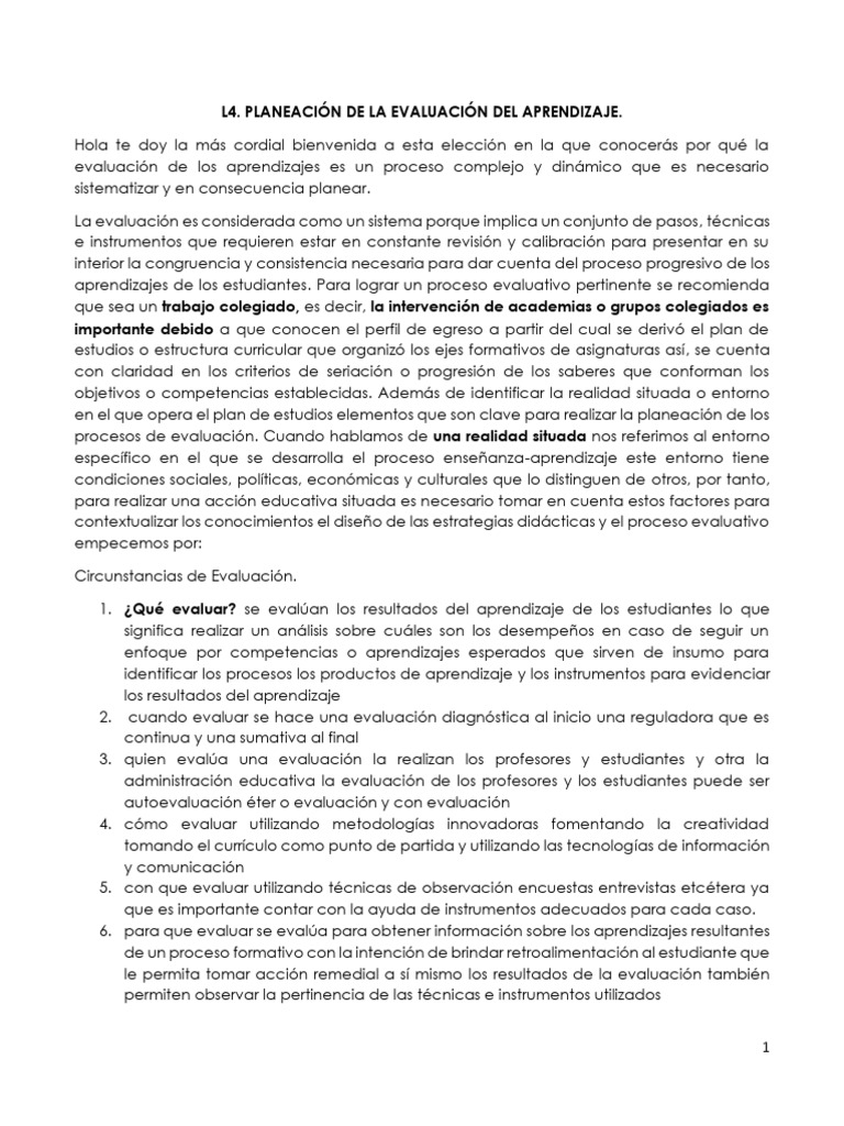 L4. PLANEACIÓN DE LA EVALUACIÓN DEL APRENDIZAJE | PDF | Evaluación | Aprendizaje