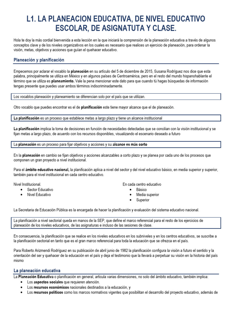 L1 La Planeacion Educativa J De Nivel Educativo Escolar J De
